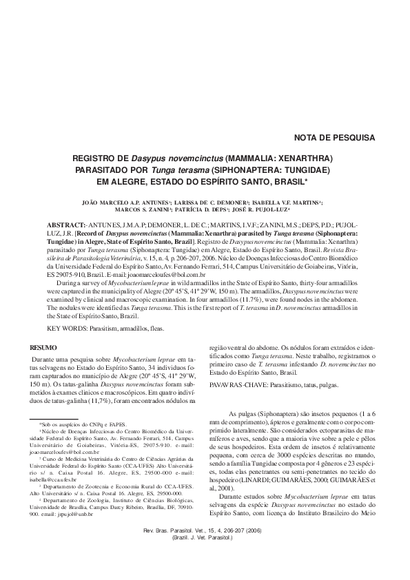 (PDF) Registro de Dasypus novemcinctus (Mammalia: Xenarthra) parasitado ...