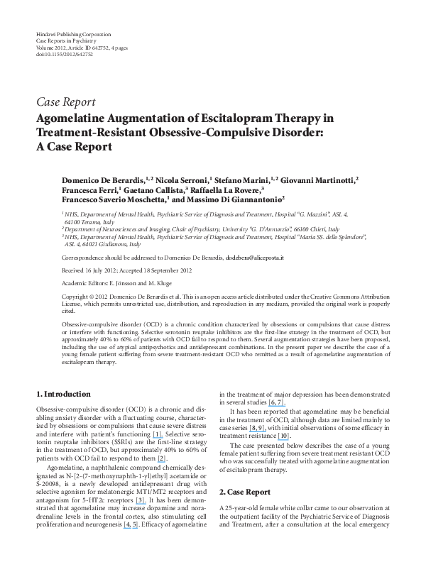 (PDF) Agomelatine Augmentation of Escitalopram Therapy in Treatment-Resistant Obsessive ...