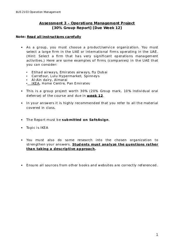 (DOC) Assessment 3 – Operations Management Project [30% Group Report ...