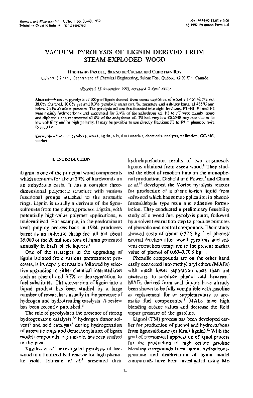 (PDF) Vacuum pyrolysis of lignin derived from steam-exploded wood