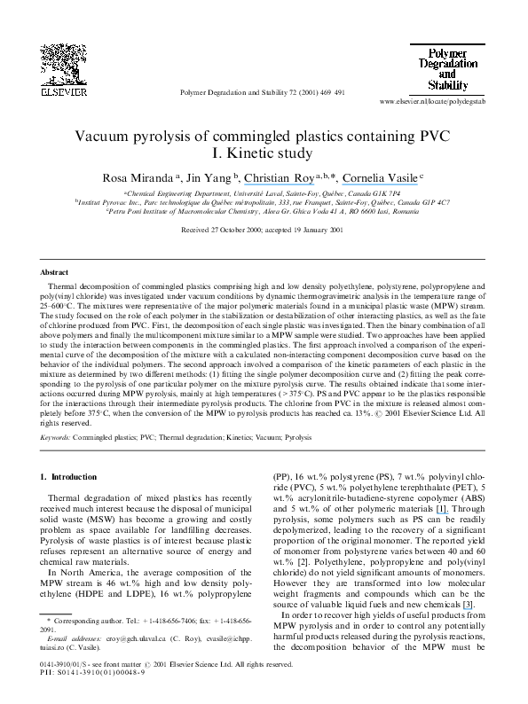 (PDF) Vacuum pyrolysis of commingled plastics containing PVC I. Kinetic ...