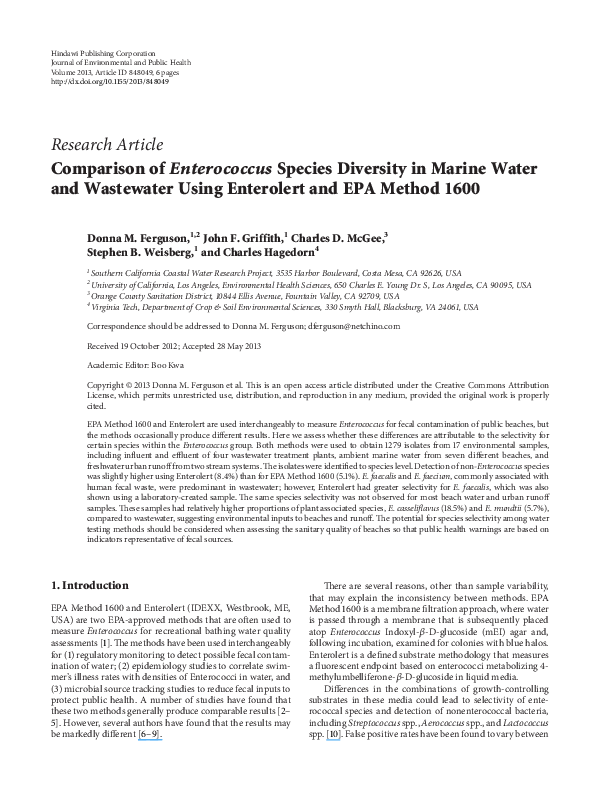 (PDF) Comparison of Enterococcus Species Diversity in Marine Water and ...