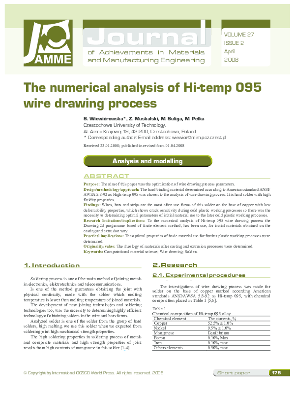 (PDF) The numerical analysis of Hi-temp 095 wire drawing process