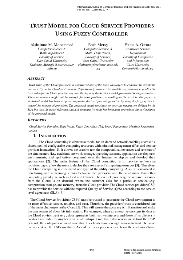 (PDF) TRUST MODEL FOR CLOUD SERVICE PROVIDERS USING FUZZY CONTROLLER