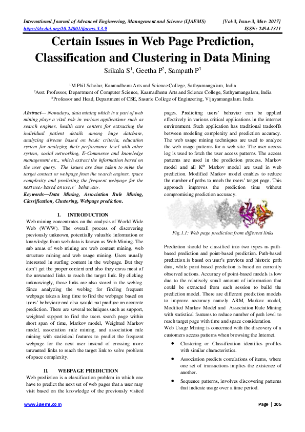 Pdf Certain Issues In Web Page Prediction Classification And Clustering In Data Mining