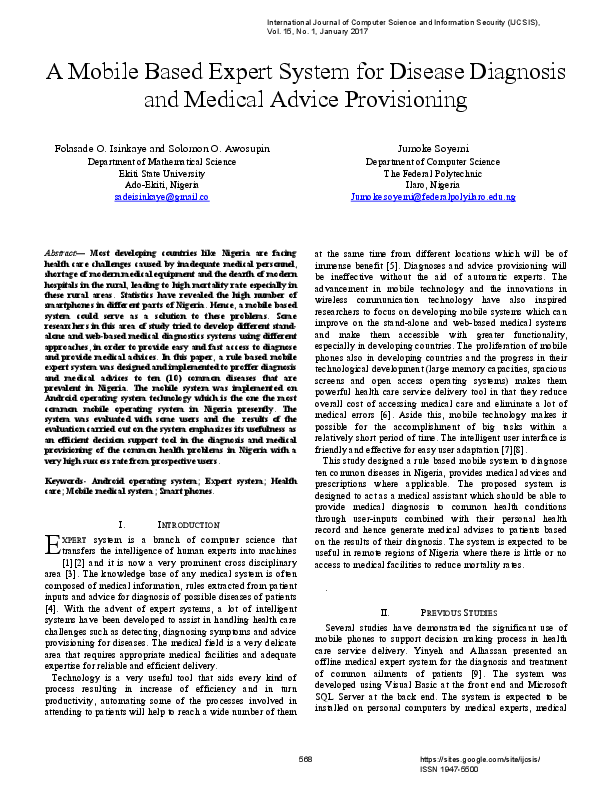 (PDF) A Mobile Based Expert System for Disease Diagnosis and Medical ...