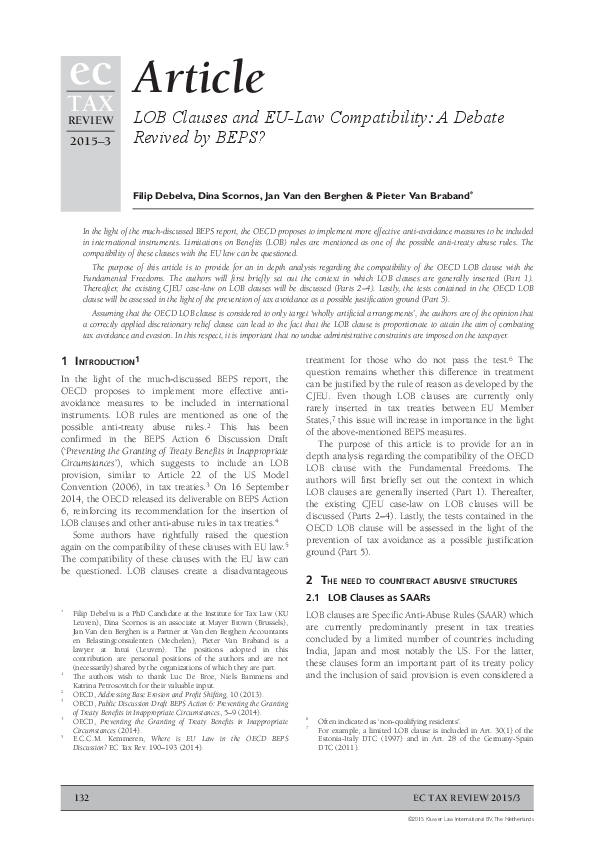 (PDF) LOB Clauses and EU-Law Compatibility: A Debate Revived by BEPS?