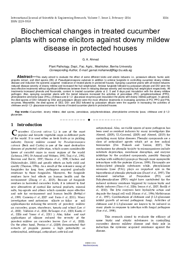 (PDF) Biochemical changes in treated cucumber plants with some elicitors against downy mildew ...