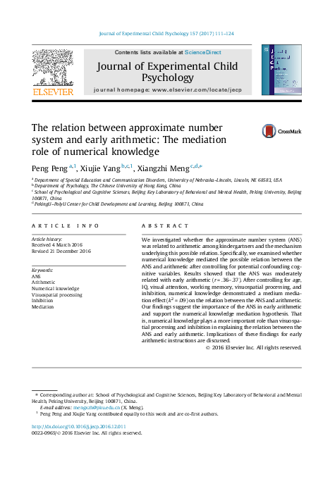 (PDF) The relation between approximate number system and early arithmetic: The mediation role of ...
