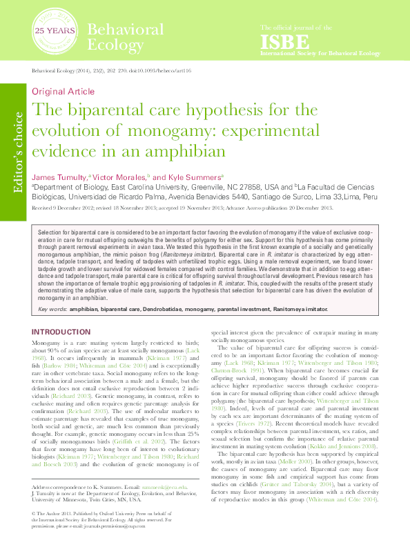 (PDF) The biparental care hypothesis for the evolution of monogamy ...