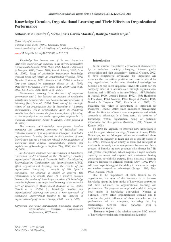 Pdf Knowledge Creation Organizational Learning And Their Effects On