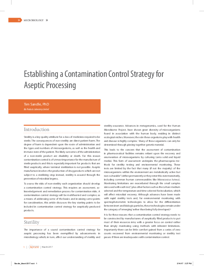 (PDF) Establishing a Contamination Control Strategy for Aseptic Processing