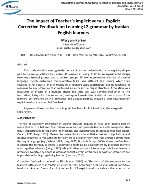 (PDF) The Impact of Teacher's Implicit versus Explicit Corrective Feedback on Learning L2 ...