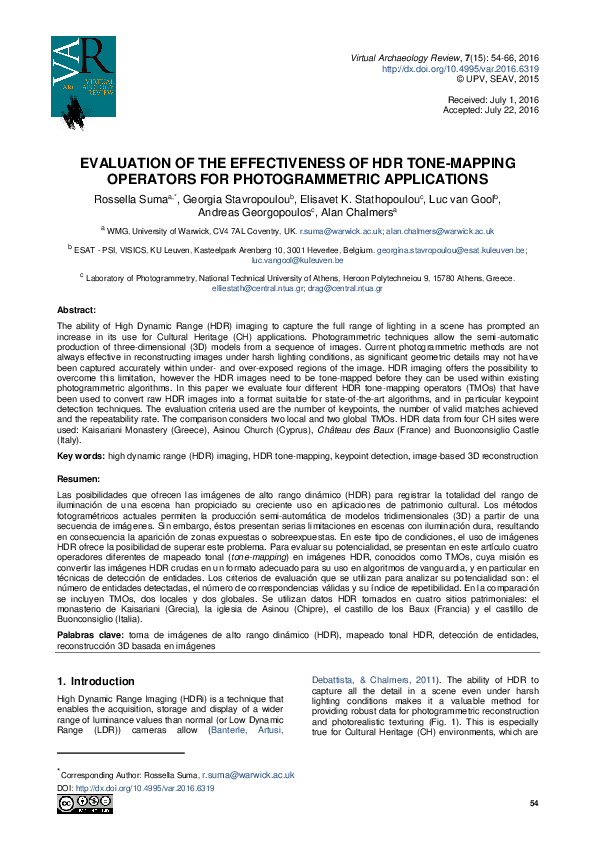 (PDF) EVALUATION OF THE EFFECTIVENESS OF HDR TONE-MAPPING OPERATORS FOR PHOTOGRAMMETRIC APPLICATIONS