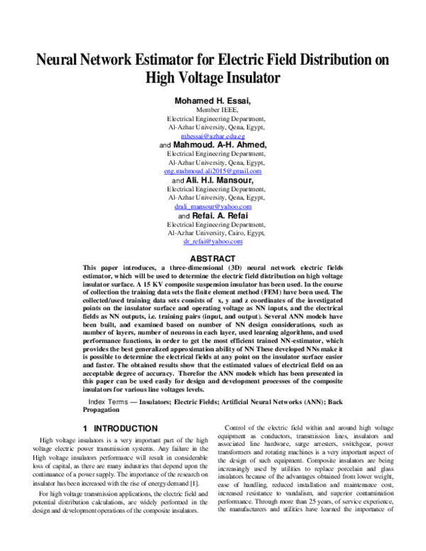 Pdf Neural Network Estimator For Electric Field Distribution On High Voltage Insulator