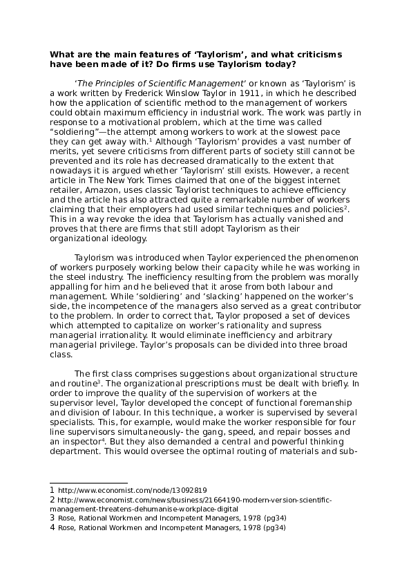 (DOC) What are the main features of 'Taylorism', and what criticisms ...