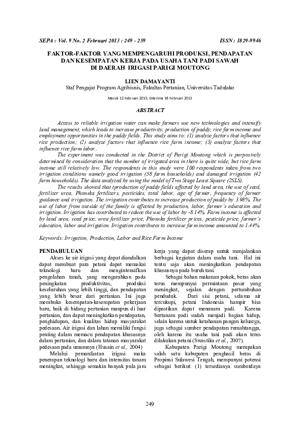 (PDF) FAKTOR-FAKTOR YANG MEMPENGARUHI PRODUKSI, PENDAPATAN DAN KESEMPATAN KERJA PADA USAHA TANI ...