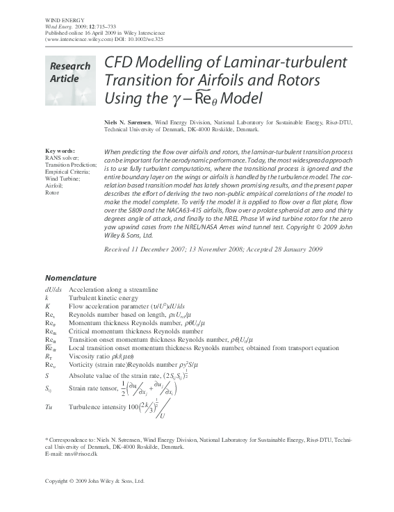 (PDF) CFD Modelling of Laminar-turbulent Transition for Airfoils and Rotors Using the g -R e q Model