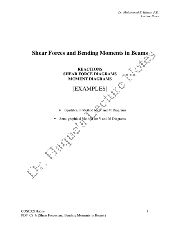 (PDF) Shear Forces and Bending Moments in Beams REACTIONS SHEAR FORCE ...