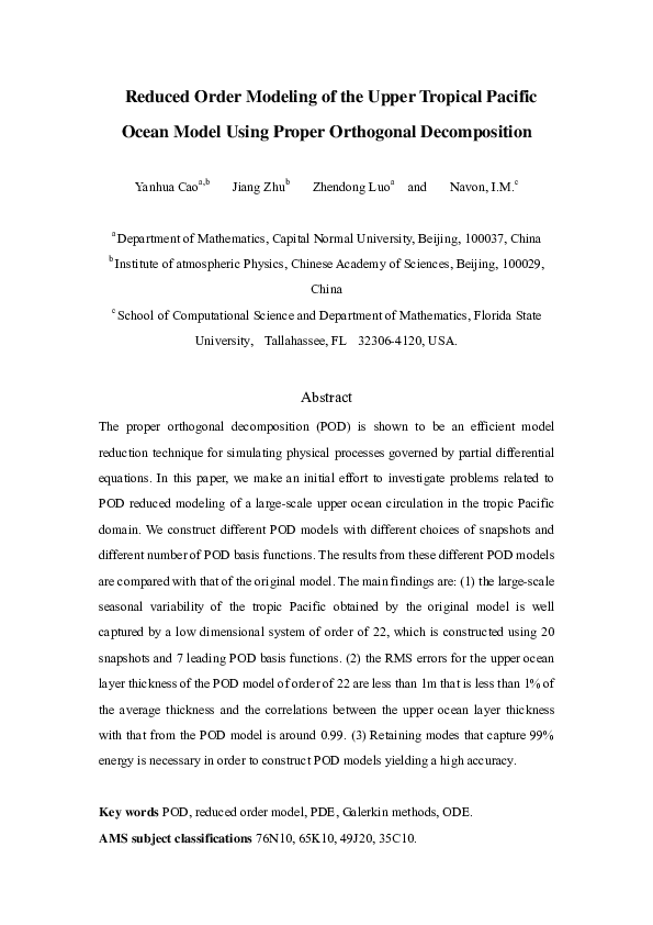 (PDF) Reduced-Order Modeling of the Upper Tropical Pacific Ocean Model using Proper Orthogonal ...