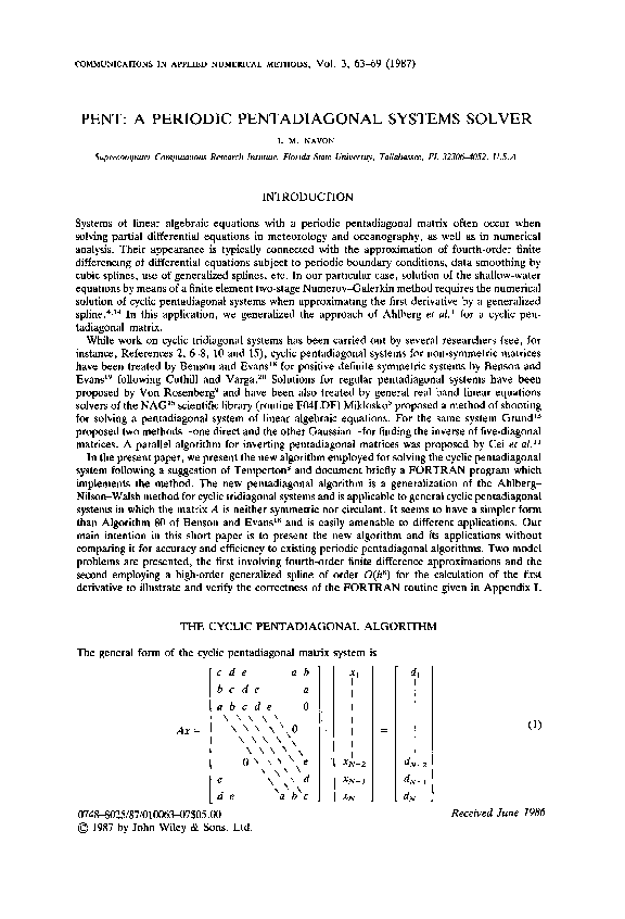 (PDF) Pent: A periodic pentadiagonal systems solver