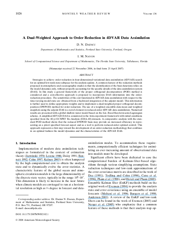 (PDF) A Dual-Weighted Approach to Order Reduction in 4DVAR Data Assimilation | Ionel M Navon ...