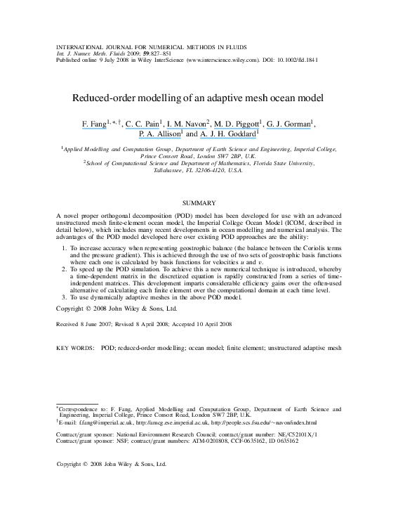 (PDF) Reduced-order modelling of an adaptive mesh ocean model