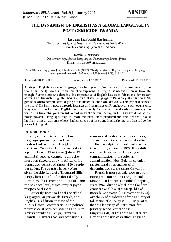 (PDF) THE DYNAMISM OF ENGLISH AS A GLOBAL LANGUAGE IN POST-GENOCIDE RWANDA
