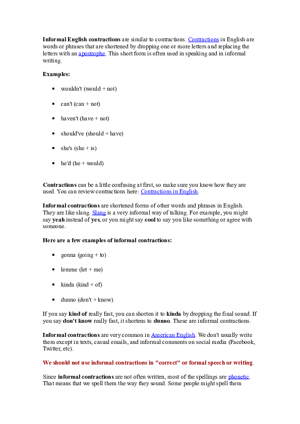 (DOC) Informal English contractions