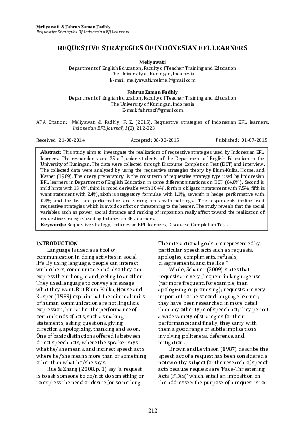 Pdf Requestive Strategies Of Indonesian Efl Learners