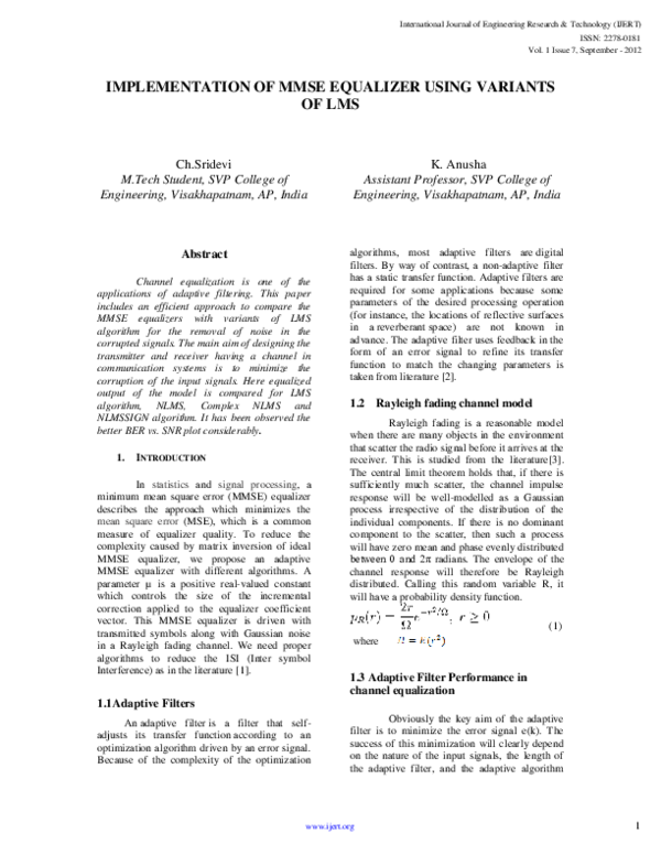 (PDF) IMPLEMENTATION OF MMSE EQUALIZER USING VARIANTS OF LMS