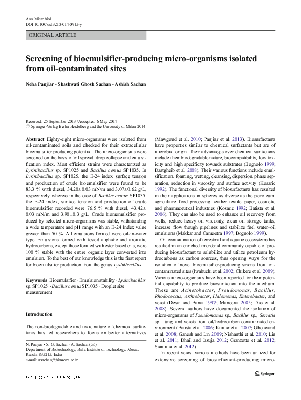 (PDF) Screening of bioemulsifier-producing micro-organisms isolated ...