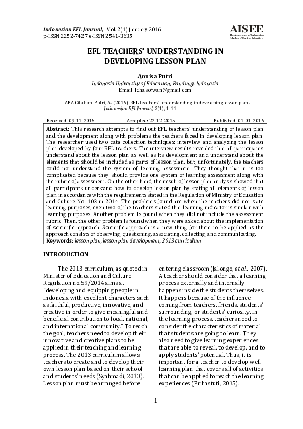 (PDF) EFL TEACHERS' UNDERSTANDING IN DEVELOPING LESSON PLAN