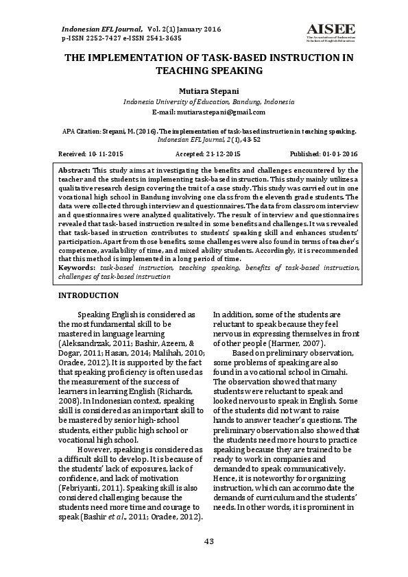Pdf The Implementation Of Task Based Instruction In Teaching Speaking