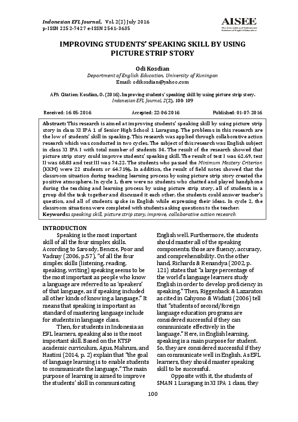 (PDF) IMPROVING STUDENTS' SPEAKING SKILL BY USING PICTURE STRIP STORY