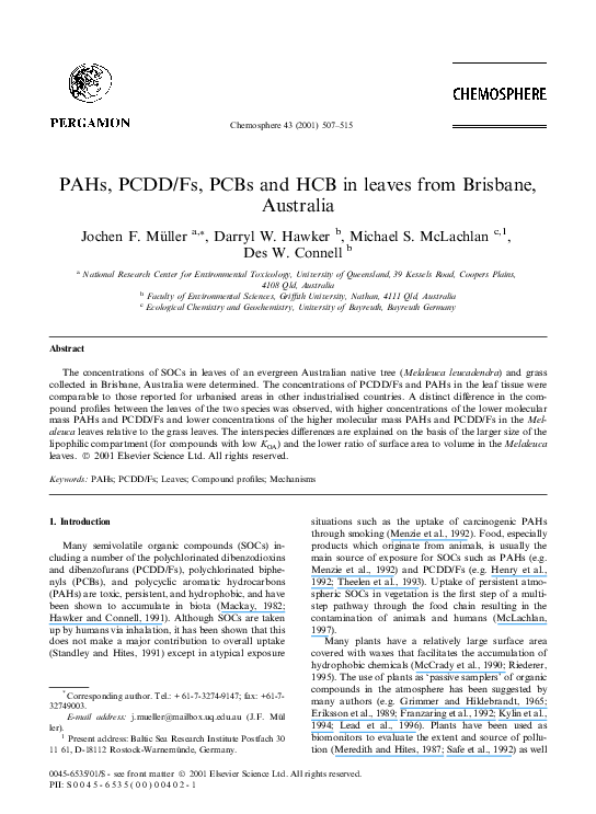 (PDF) PAHs, PCDD/Fs, PCBs and HCB in leaves from Brisbane, Australia