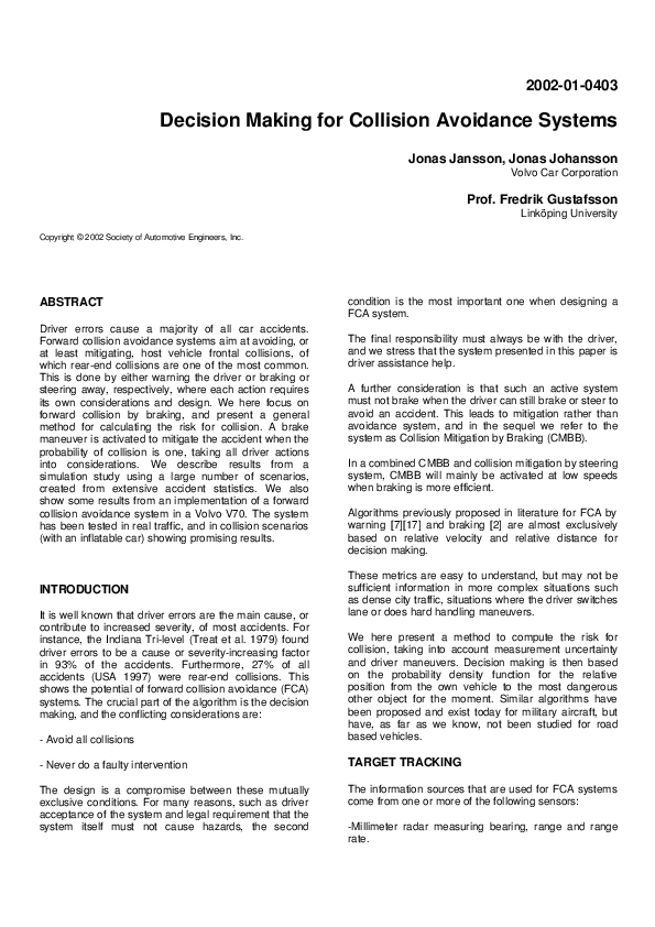 (PDF) Decision Making for Collision Avoidance Systems