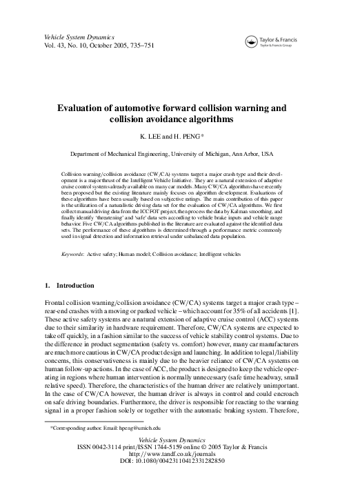 Pdf Evaluation Of Automotive Forward Collision Warning And Collision Avoidance Algorithms