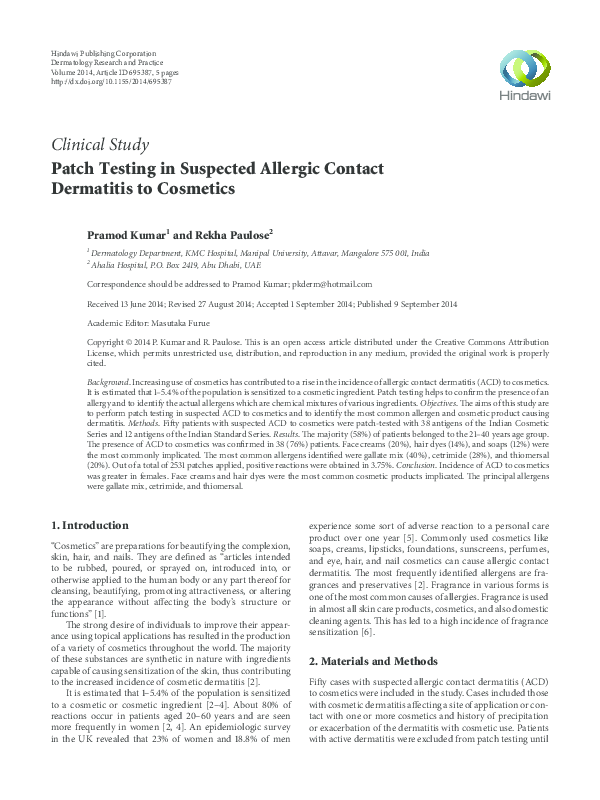 (PDF) Patch testing in suspected allergic contact dermatitis to cosmetics