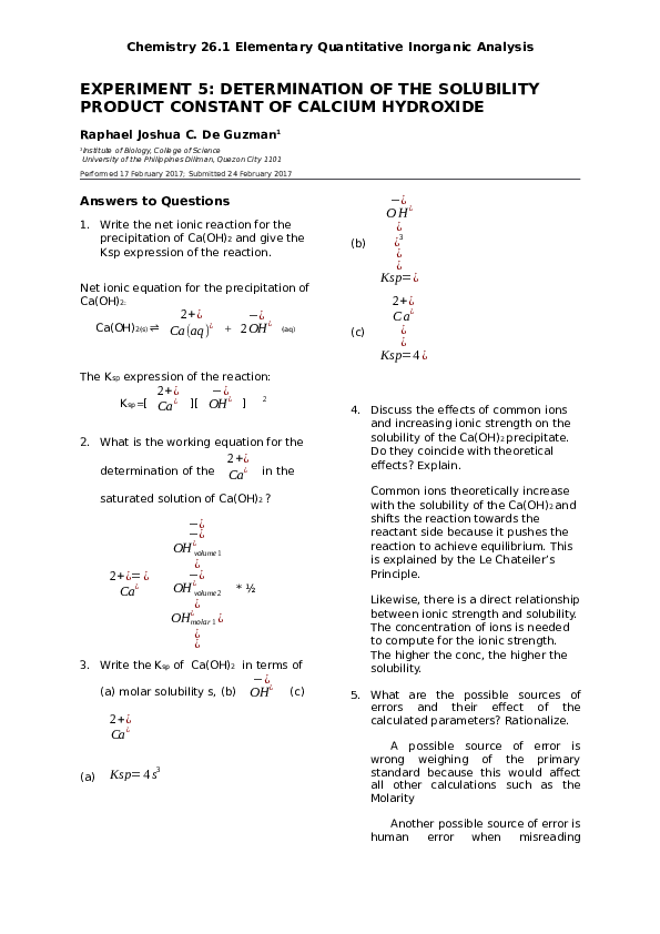 (DOC) EXPERIMENT 5: DETERMINATION OF THE SOLUBILITY PRODUCT CONSTANT OF ...