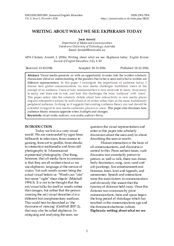 (PDF) WRITING ABOUT WHAT WE SEE: EKPHRASIS TODAY