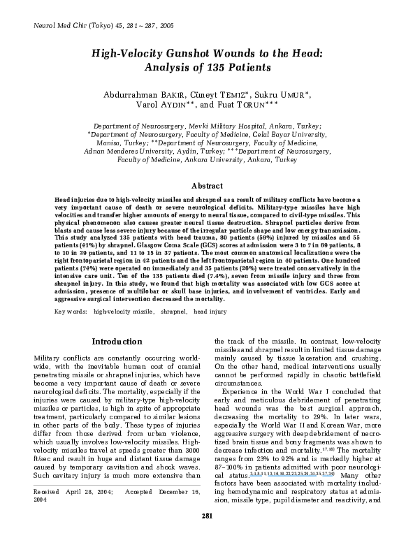(PDF) High-Velocity Gunshot Wounds to the Head: Analysis of 135 Patients