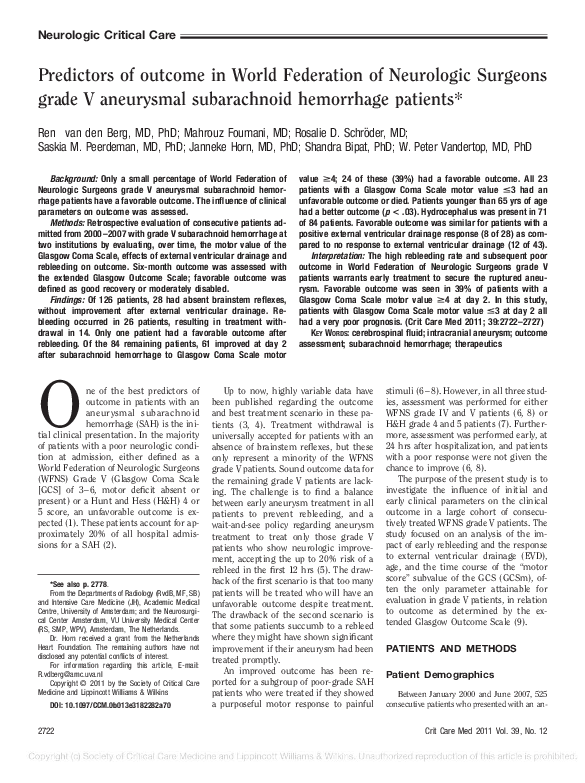 (PDF) Predictors of outcome in World Federation of Neurologic Surgeons grade V aneurysmal ...