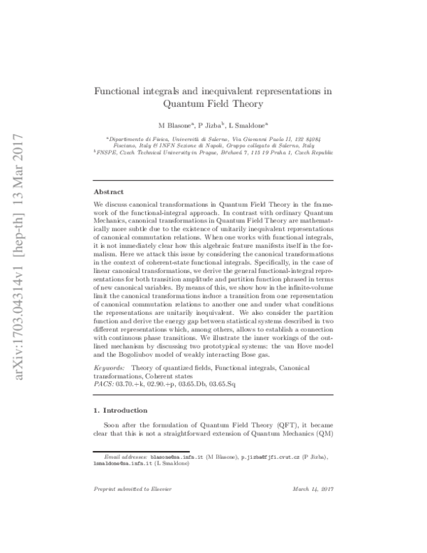 (PDF) Functional integrals and inequivalent representations in Quantum Field Theory