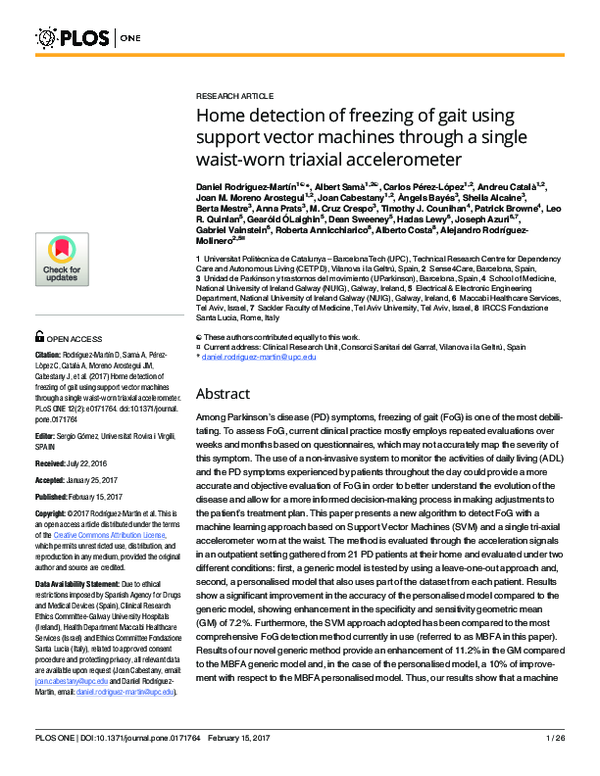 Pdf Home Detection Of Freezing Of Gait Using Support Vector Machines Through A Single Waist