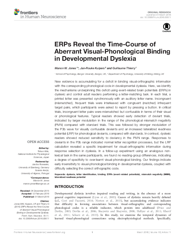 (PDF) ERPs Reveal the Time-Course of Aberrant Visual-Phonological Binding in Developmental ...