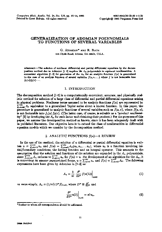(PDF) Generalization of adomian polynomials to functions of several variables