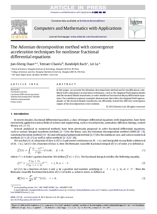Pdf The Adomian Decomposition Method With Convergence Acceleration
