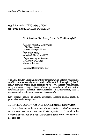 (PDF) On the analytic solution of the Lane-Emden equation