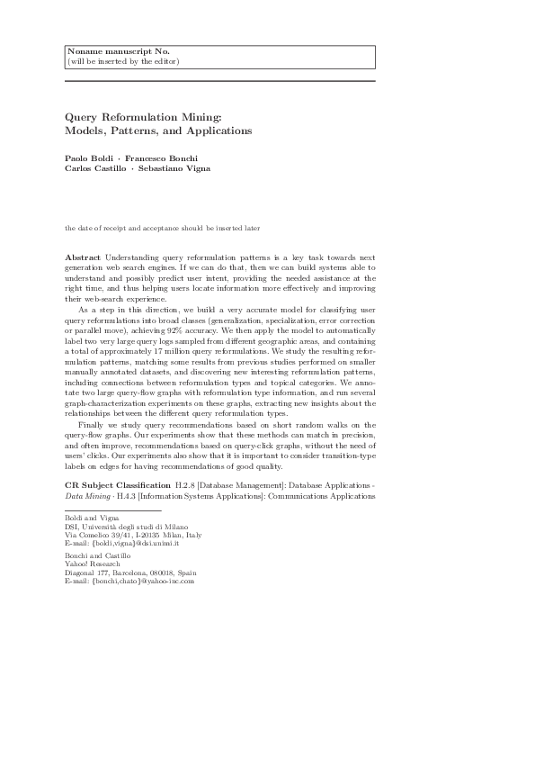 (PDF) Query reformulation mining: models, patterns, and applications